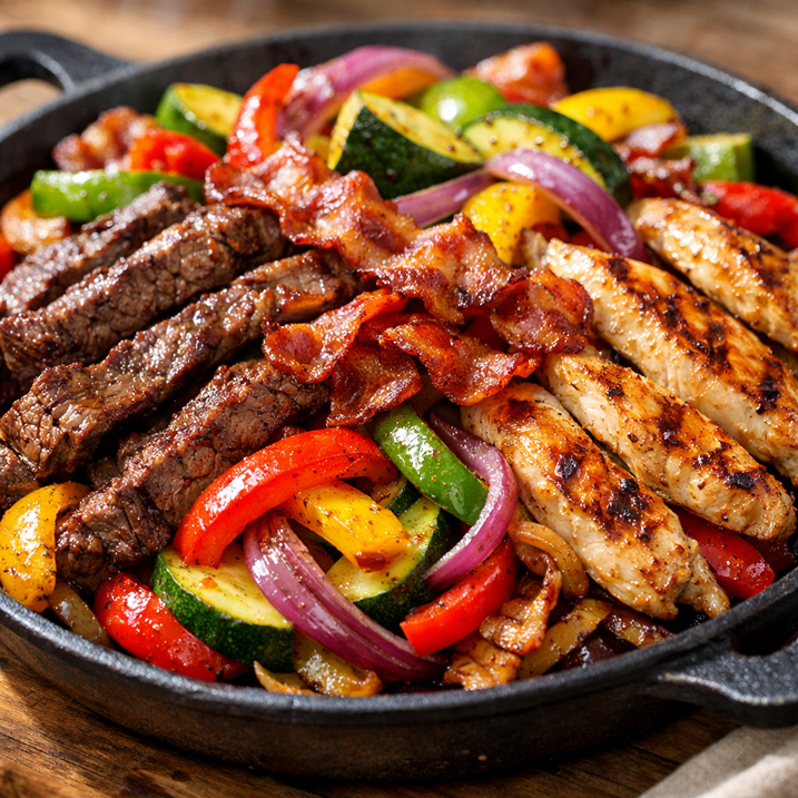 Fajitas mixtas (res – pollo – tocineta) + vegetales – meliacr.com